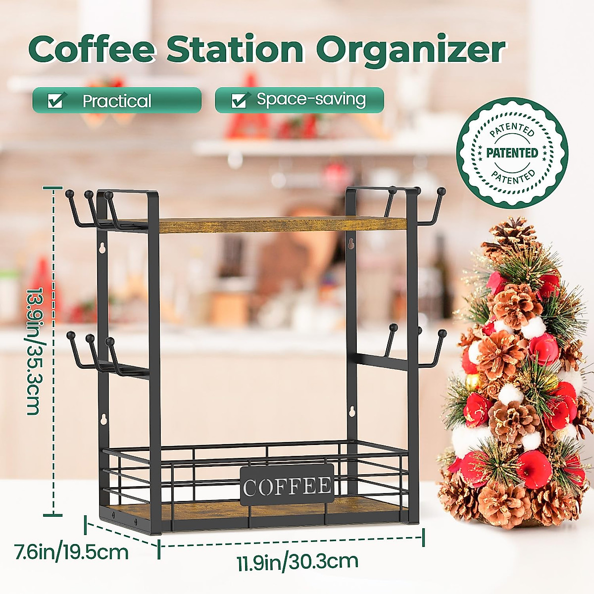 EsLuker.ly 2 Tier Coffee Bar Organizer Countertop Station Shelf for Home Office, Multi-functional Coffee Mug Cup Holder Stand, Accessory Storage Rack with 12 Hooks, Space-Saving Coffee Nook Enhancer