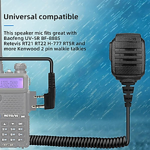 Retevis Walkie Talkie Speaker Mic,IP54 Waterproof 2 Pin Shoulder Speaker Mic Compatible with RT22 RT68 RT27 H777 RB26 RB29 Baofeng UV-5R BF-F8HP UV-5G Plus 5RM Pxton Arcshell Two Way Radio(1 Pack)