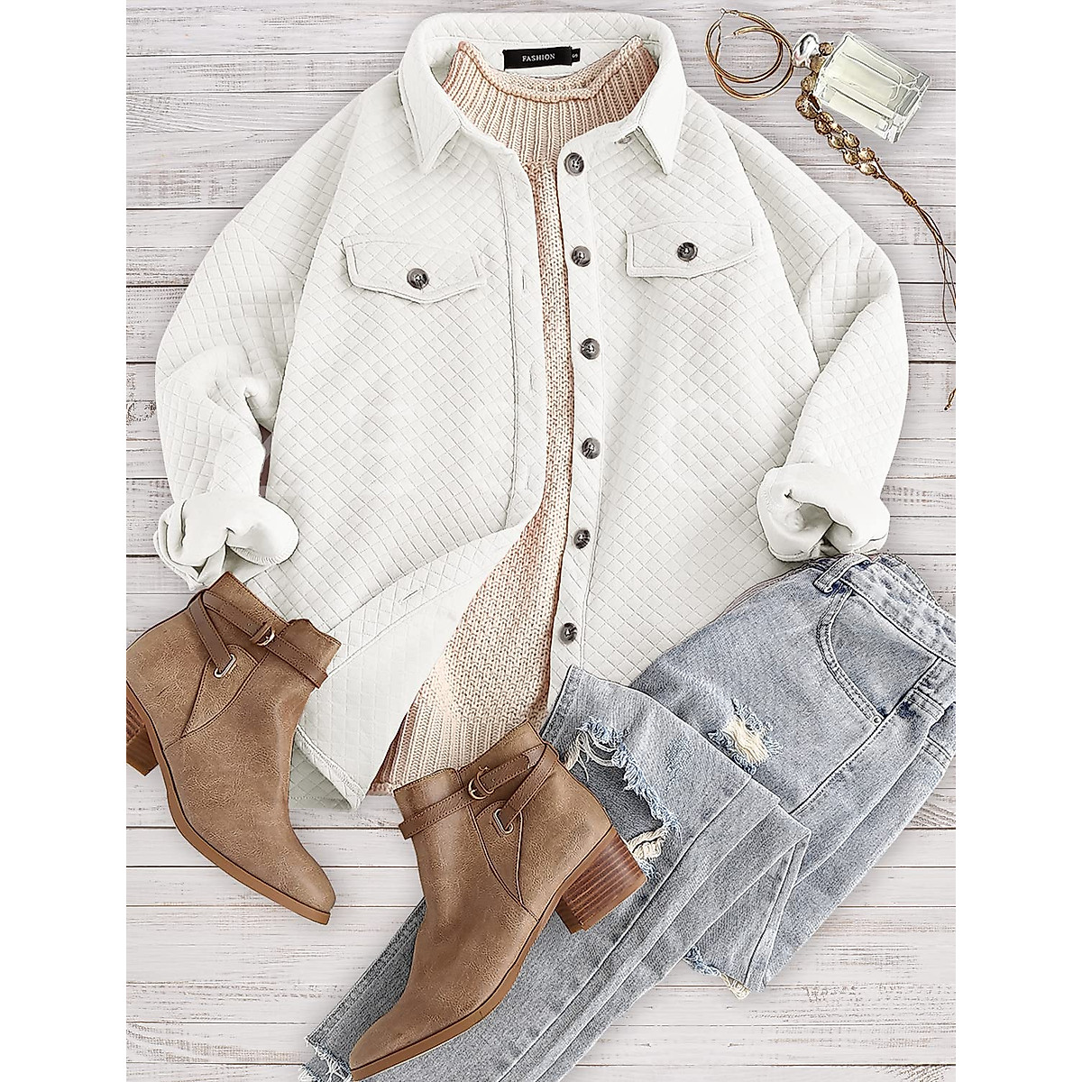 ZESICA Women's Casual Long Sleeve Button Down Loose Lightweight Shacket Shirt Jacket Coat Outerwear with Pockets,White,Medium