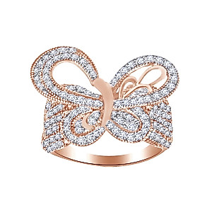 AFFY Round Cut White Cubic Zirconia Butterfly Fashion Ring in 14k Rose Gold Over Sterling Silver (2.19 Cttw) Ring Size-7
