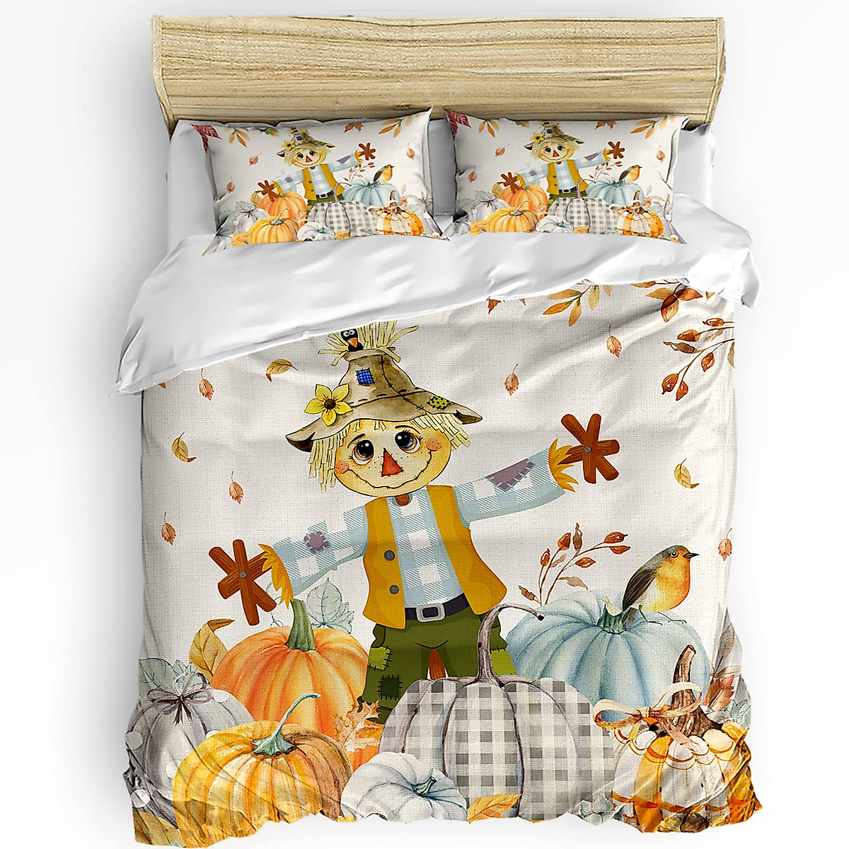 California King Duvet Cover Set Thanksgiving Scarecrow Autumn Pumpkins and Maple Leafs Comforter Cover Set Zipper Closure Washable Bedding Set with 1 Duvet Cover and 2 Pillow Shams for Women and Men