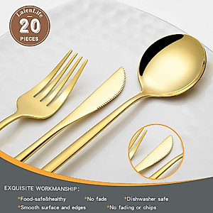 Mirror Gold Silverware Set 20-Piece, Stainless Steel Flatware Service for 4, LaienLife Unique Utensils Set with Long Fork and Spoon Teaspoon, Mirror Gold Flatware Set, Cutlery for Home Party Kitchen