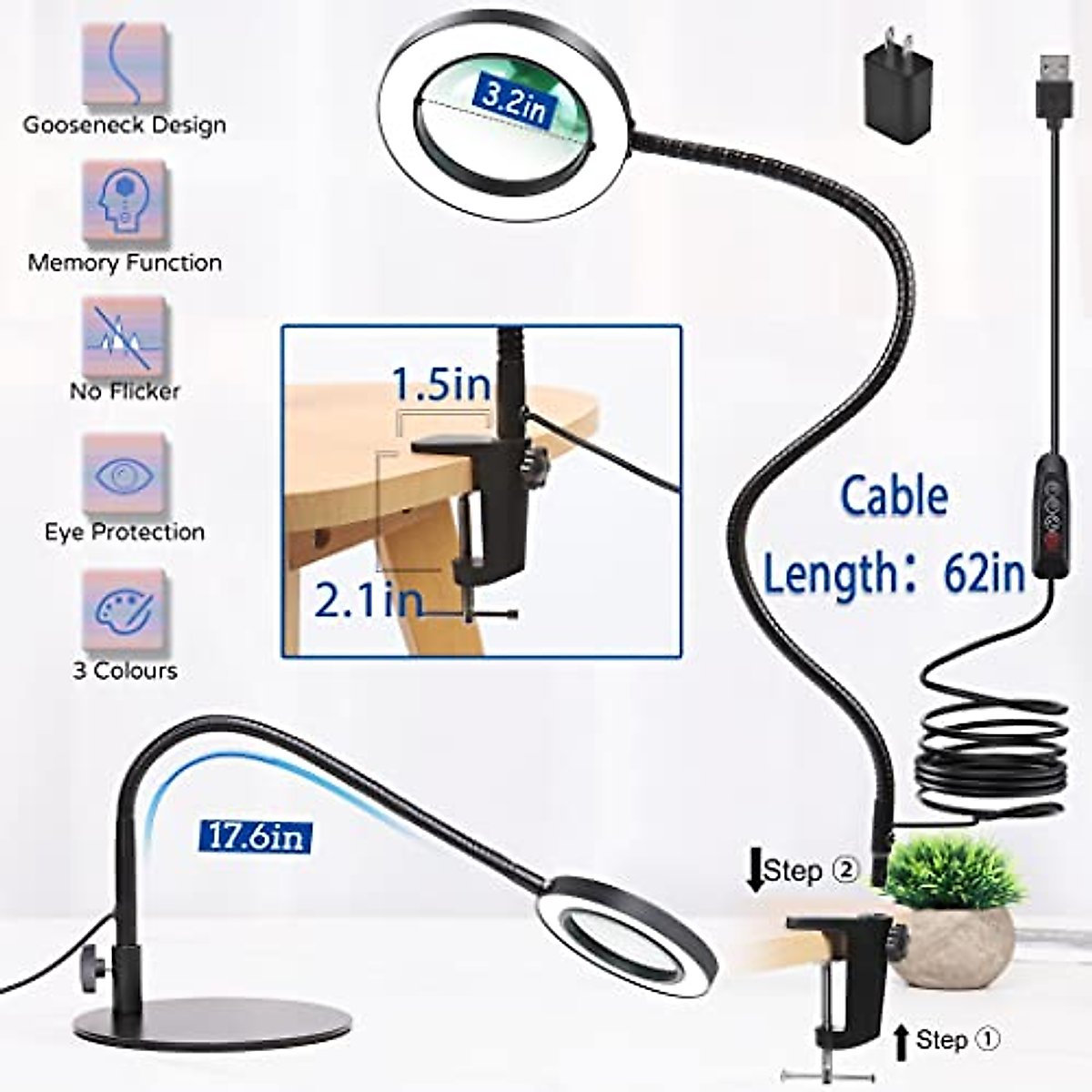 8X Magnifying Glass with Light and Stand, 2-in-1 Real Glass Lens Desk Lamp, 3 Color Modes Stepless Dimmable Magnifying Lamp & Clamp, Adjustable LED Lighted Magnifier for Reading, Crafts, Cross Stitch