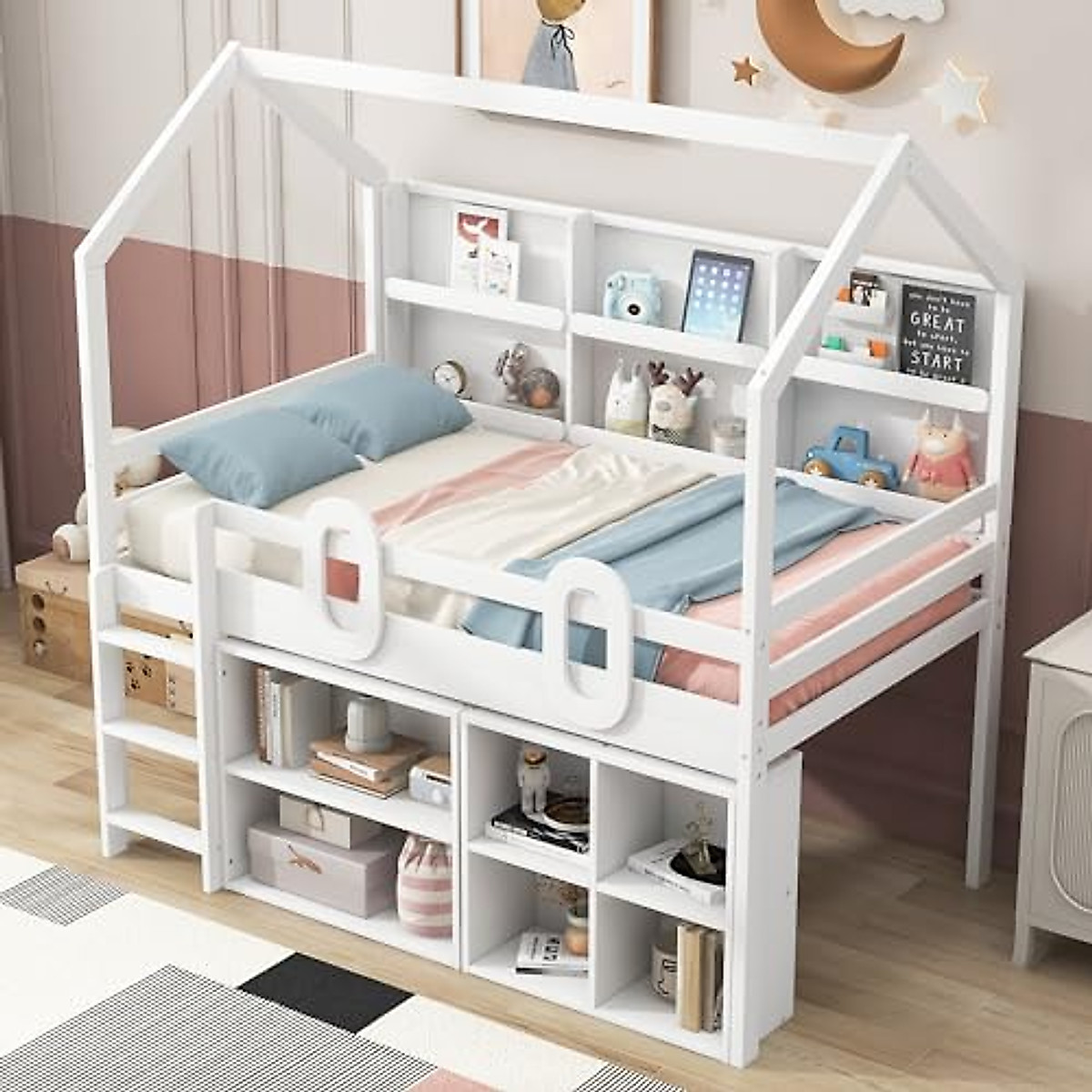 Harper & Bright Designs Twin Size House Loft Bed with Multiple Storage Shelves,Wood Kids Loft Bed with Storage,Twin Playhouse Bed for Boys, Girls, White
