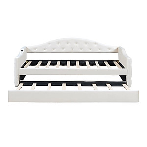 Ball & Cast Twin Daybed with Trundle, Velvet Upholstered Day Bed Frame with USB Ports, Button Tufted Backrest & Armrest, Wood Slats Supports,No Box Spring Needed, Beige
