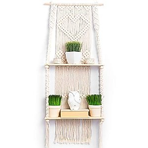 KALTEK Macrame Shelf | Boho Style with Two Tier Wood Shelves | Beautiful Handmade Macrame Shelf for Hanging Plants and Decor | Boho Wall Decor with Macrame Rope and Shelf