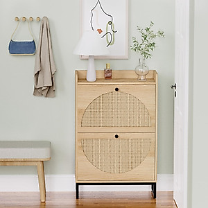 KFO Shoe Cabinet with 2 Handmade Natural Rattan Flip Drawers, Entryway Shoe Rack Storage Organizer for Sneakers, Leather Shoes, Slippers, Free Standing Shoe Racks……