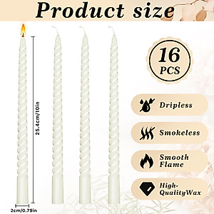 Dyrfolm 16 PCS Spiral Taper Candles,White Spiral Candle,10 Inch Twisted Taper Candles,Unscented Twisted Candlesticks,Dripless Long Candle Sticks for Wedding,Party,Dinner and Home Decoration