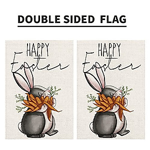Happy Easter Bunny Garden Flag 12x18 Inch Burlap Double Sided Outside, Easter Carrot Sign Yard Outdoor Decoration DF216