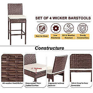 NOVAGLORY Outdoor Bar Stools Wicker Woven Patio Stools & Patio Bar Chairs Height Stools with Footrest Armless Cushion Beige All Weather Rattan Garden Stool for Pool Lawn Porch Backyard (4, Beige)