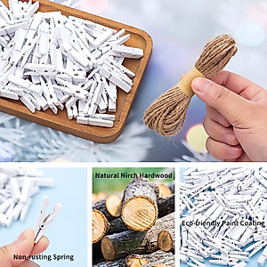 260Pcs White Mini Clothes Pins for Photos, Small Clothes Pins with Jute Twine, Clothespins, Wooden Clothes Pins for Crafts DIY Project