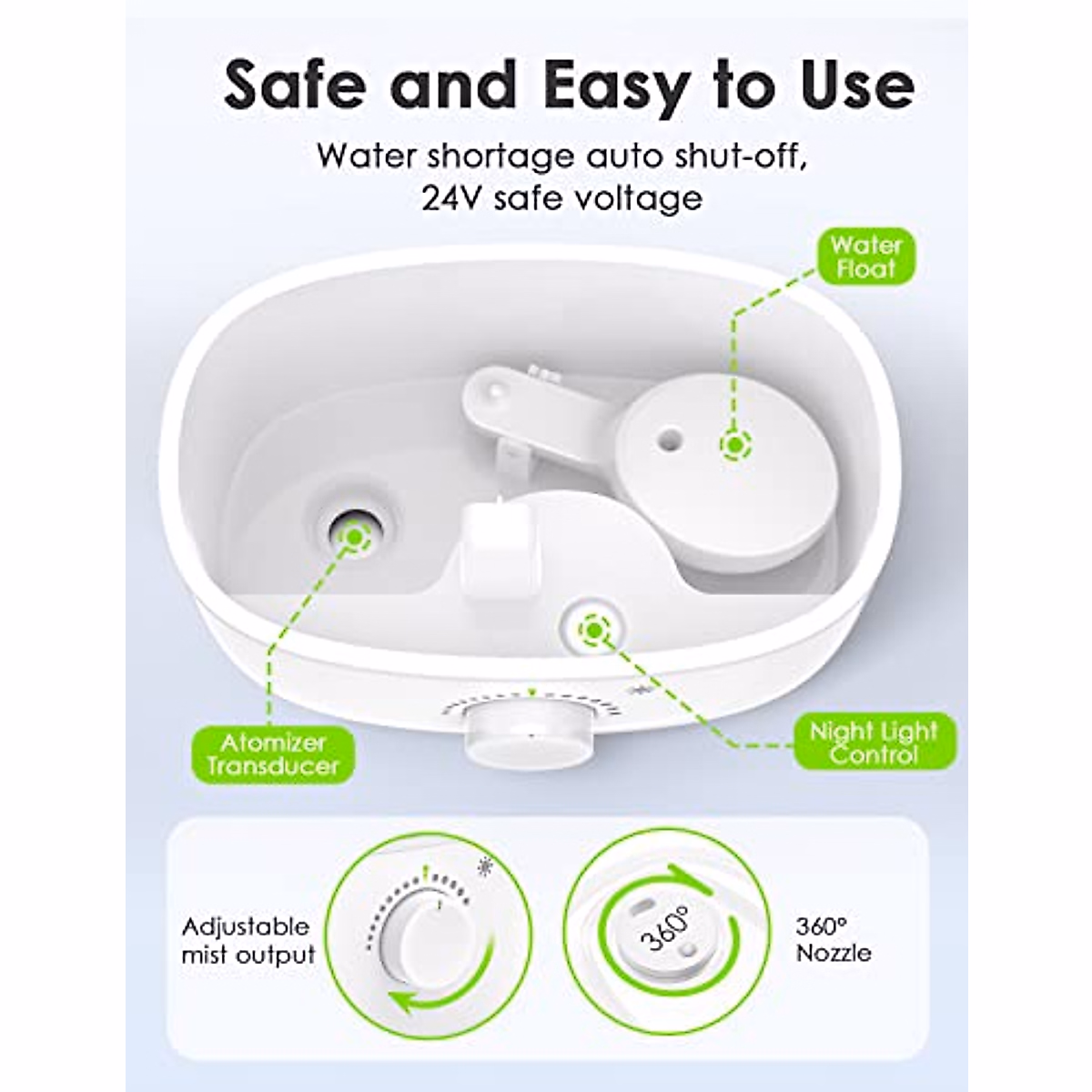 Oraimo Humidifiers for Bedroom, Top Fill Cool Mist Humidifier, 26dB Quiet, Easy to Clean, 2.5L Ultrasonic Humidifier & Essential Oil Diffuser with Night Light, BPA-Free, Humidifier for Baby White