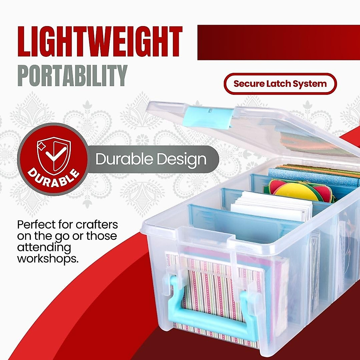 saizone 6925AA Semi Satchel with Removable Dividers, Portable Art & Craft Organizer with Handle, [1] Plastic Storage Case, Clear with Aqua Accents