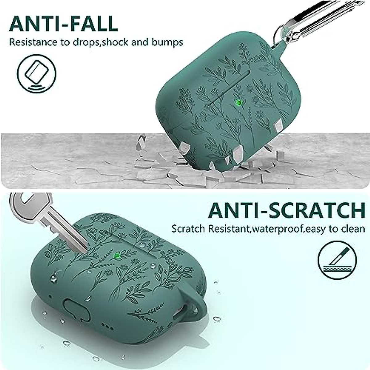 Flower Engraved Case for Apple AirPods Pro 2 Gen,Soft Silicone Protective Case Cover for AirPods Pro 2nd/1st Generation AirPod Case with Clean Kit Carabiner,Lanyard,Front LED Visible,Pine Green