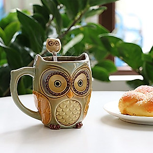 SQOWL 3D Coffee Mug Funny Cute Owl Ceramic Cup Coffee Mug with spoon Tea Mugs Set for Women and girls 12 oz Cyan