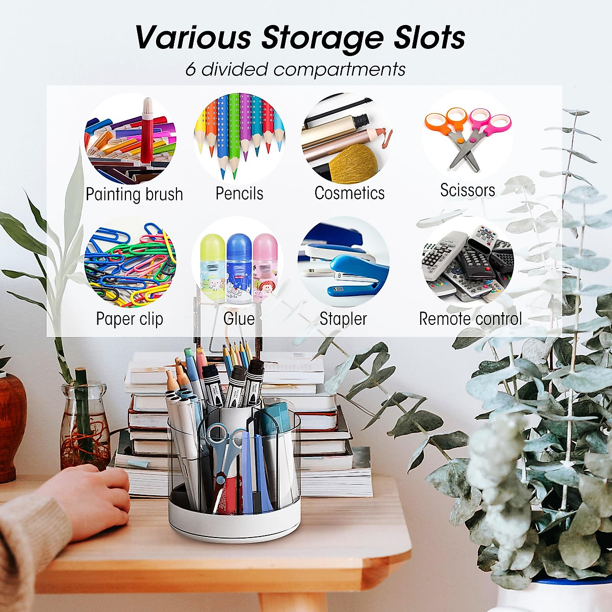 Vusmer Pencil Holders & Pen Holders for Desk 6 Slots 360 Degree Rotating Desk Organizers for Desk Desktop Storage