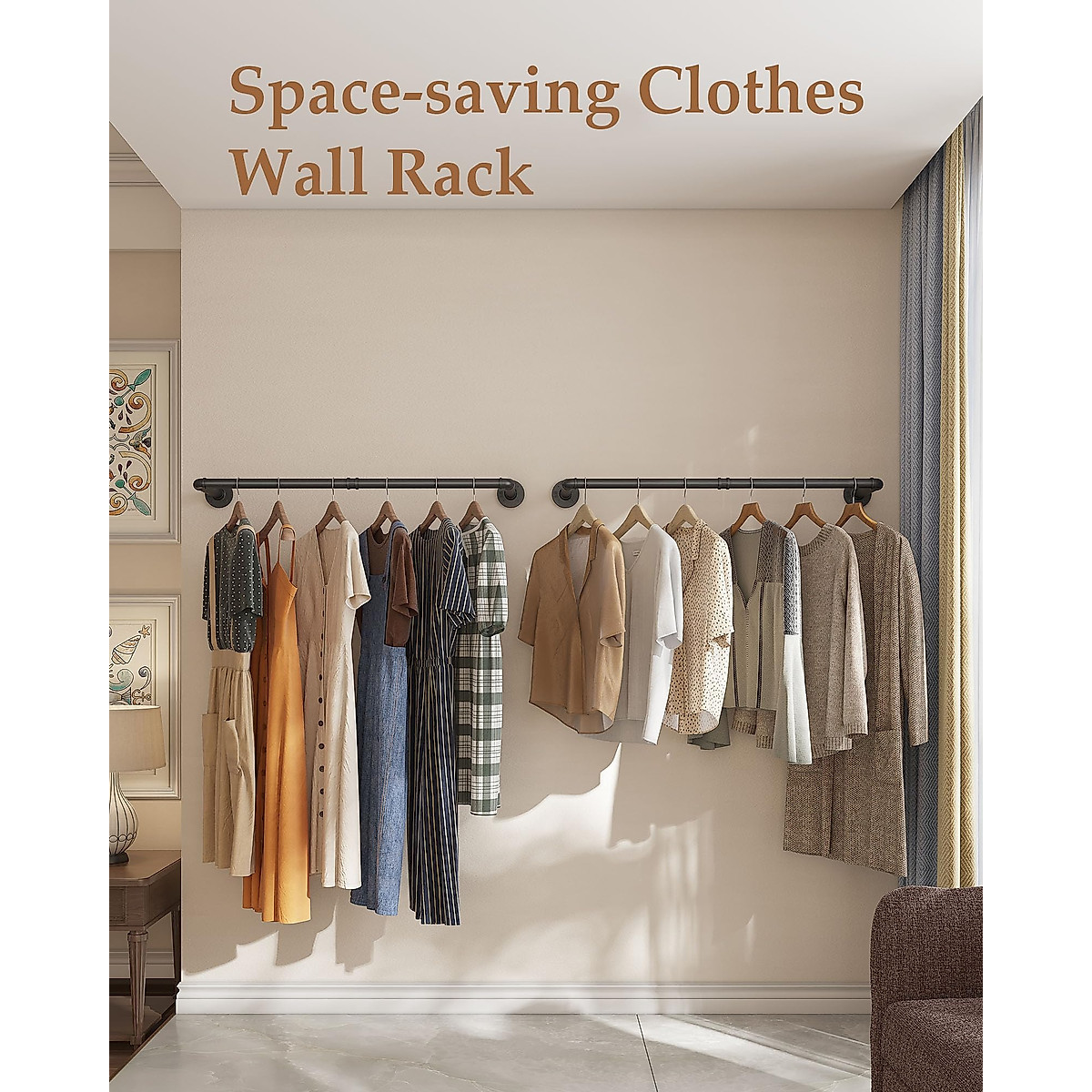 Bodato Industrial Clothing Rack 38.4'' for Wall 2 Pack, Heavy Duty Pipe Clothes Rack Wall Mounted for Hanging Clothes Garment, Closet Rod Hanging Bar for Walk-in Closet