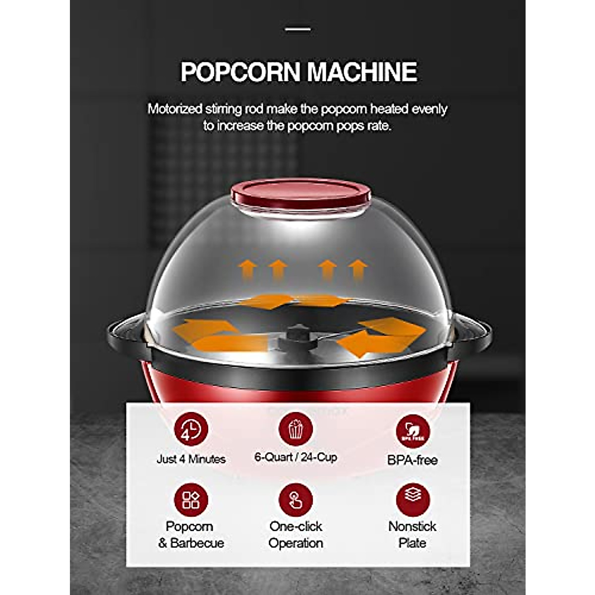 Popcorn Machine, 2 in 1 Popcorn Popper maker, 6 Quart/24 Cup, Nonstick Plate, 850W Electric Stirring with Quick-Heat Technology, Cool Touch Handles, Thicken Transparent Cover, Dishwasher Safe