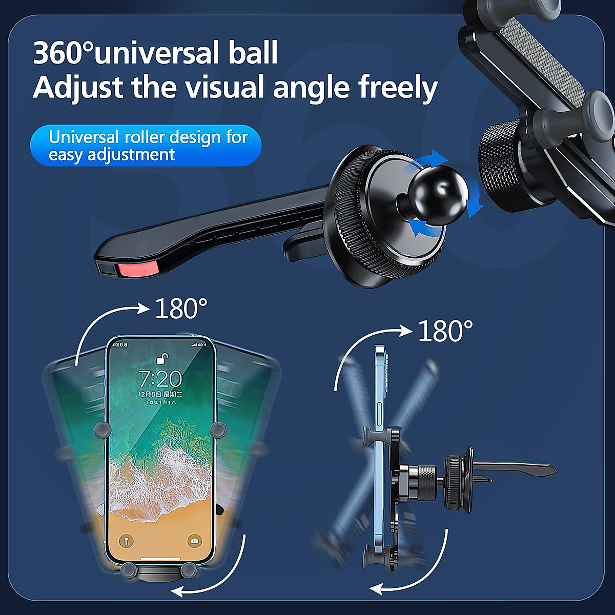 Rednow Car Vent Phone Mount,Invisible Rotatable Air Vent Mount Car Phone Holder 360°Anti-Shake Universal Phone Mount,Car Dashboard & Never Blocking Air Vent Clip Cell Phone Holder for Car (Black)