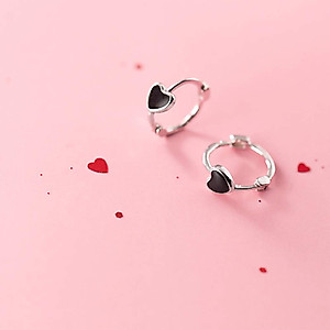 Black Heart Small Hoop Earrings S925 Sterling Silver Minimalist Cartilage Tragus Round Huggie Hoops 10mm Statement Earring Cute Jewelry Gifts for Women Girls Hypoallergenic