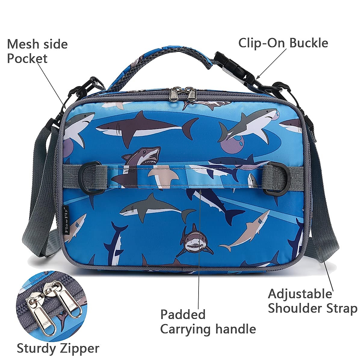 FlowFly Kids Lunch Bag, Durable Insulated School Lunch Box with Shoulder Strap and Bottle Holder, Water-resistant Thermal Small Lunch Cooler Tote for Teen Boys & Girls,Shark