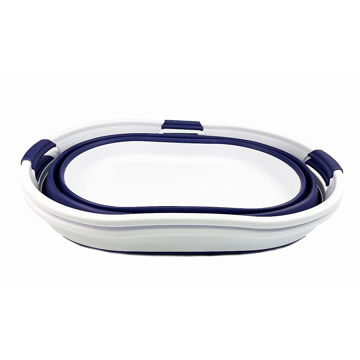 SAMMART Set of 2 Collapsible 3 Handled Plastic Laundry Basket-Oval Tub/Basket-Foldable Storage Container/Organizer-Portable Washing Tub-Space Saving Laundry Hamper (44L Oval-White/Navy Blue)