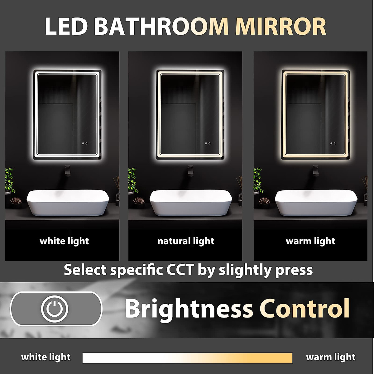 HOMECOOKIN Wall Mount 20x28 inches LED Mirror, Bathroom, Rectangular, Aluminum, Modern, Anti-Fog, Adjustable 3 Colors, Backlit