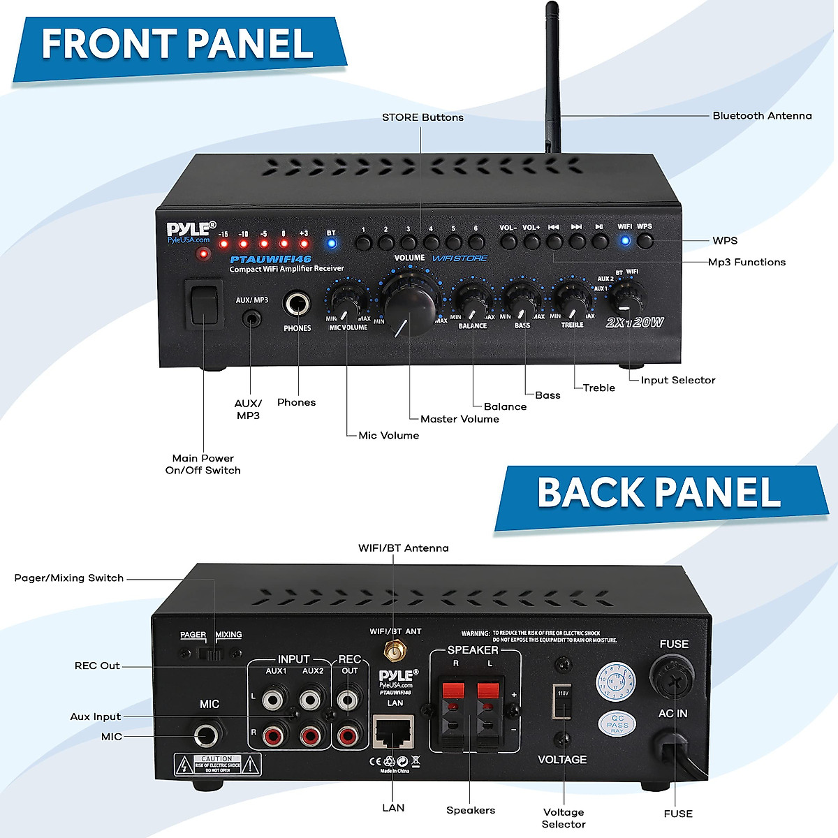 Pyle WiFi Stereo Amplifier Receiver Home Theater Audio System Wireless Bluetooth AUX MP3 Music Streaming 1/4'' Input & Microphone Paging/Mixing Control 240 Watt (PTAUWIFI46) Black