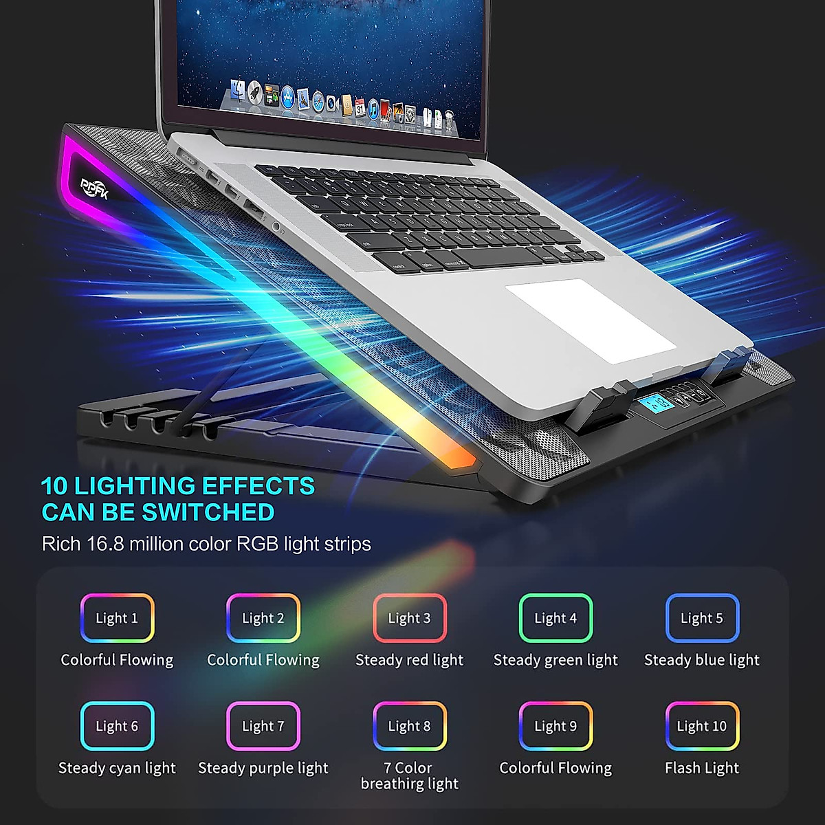 PPFK Laptop Fan Cooling Pad, RGB Laptop Cooler Pad with 5 Cooling Fans, Cooling Pad for Gaming Laptop 15-17.3 Inch, Laptop Cooling Stand with 5 Height Adjustable, 10 Modes Light & 2 USB Ports