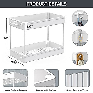 SPACEKEEPER Under Sink Organizer, 2 Tier Under Sink Storage Organizer, Bathroom Standing Rack, Bath Collection Slide-out Baskets with Hooks, Multi-purpose Storage Shelf for Bathroom Kitchen, White