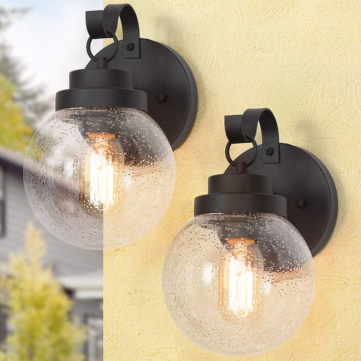 LALUZ Sphere Porch Light, Outside Lights for House with Seeded Glass Globe, Weather-Proof Outdoor Light Fixtures Wall Mount for Front Door, Garage, Yard, Patio, Textured Black Finish, 2 Pack
