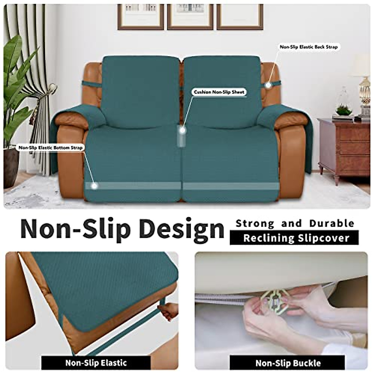 Easy-Going Recliner Loveseat Covers, Water Resistant Reversible 2 Seat Recliner Cover, Velvet Couch Cover, 2 Pieces Double Recliner Sofa Covers for Kids, Dogs, Pets (Recliner Loveseat, Peacock Blue)