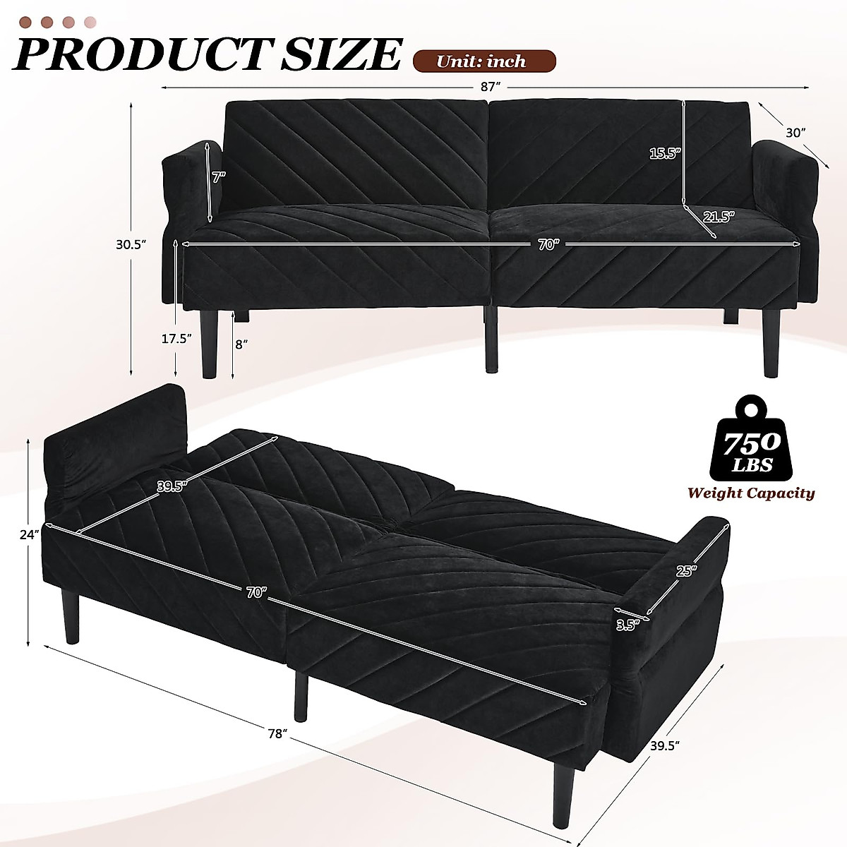 87 Inch Futon Sofa Bed, Modern Convertible Sleeper Futon Couch with Adjustable Armrests and Backrest, Velvet Oversized Loveseat Sofa Couch for Living Room, Apartment,Black