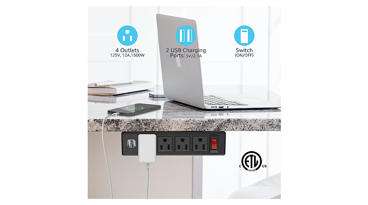 Under Desk Power Strip with USB Charging - Easy Mount Solution