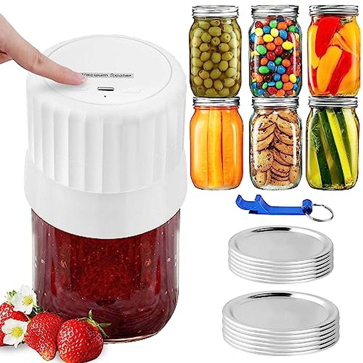 Electric Mason Jar Vacuum Sealer, All in One Vacuum Sealer for Jars Canning Sealer with Indicator Light Fits Wide-Mouth & Regular-Mouth Mason Jars, Handheld Vacuum Pump Includes 12 Jar Lids - White