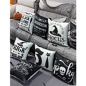 Halloween Decorations Pillow Covers Double-Side Printing 18x18 Set of 4 Halloween Decor Indoor Outdoor Hocus Pocus Farmhouse Saying Halloween Decorative Cushion Cases Spider Web Cat Skull Home Decor