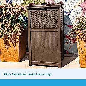 Christopher Knight Home Lilac Outdoor 12" Iron Side Table, Dark Blue & Suncast 33 Gallon Hideaway Can Resin Outdoor Trash with Lid Use in Backyard, Deck, or Patio, 33-Gallon, Brown