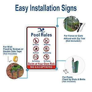 Pool Rules Signs No Diving No Glass Sign, No Food No Pushing No Running No Peeing in Pool Swim at Your Own Risk Signs, 14 x 10 Inches Rust Free Rust Free Aluminum, Easy Mounting (1 Pack )