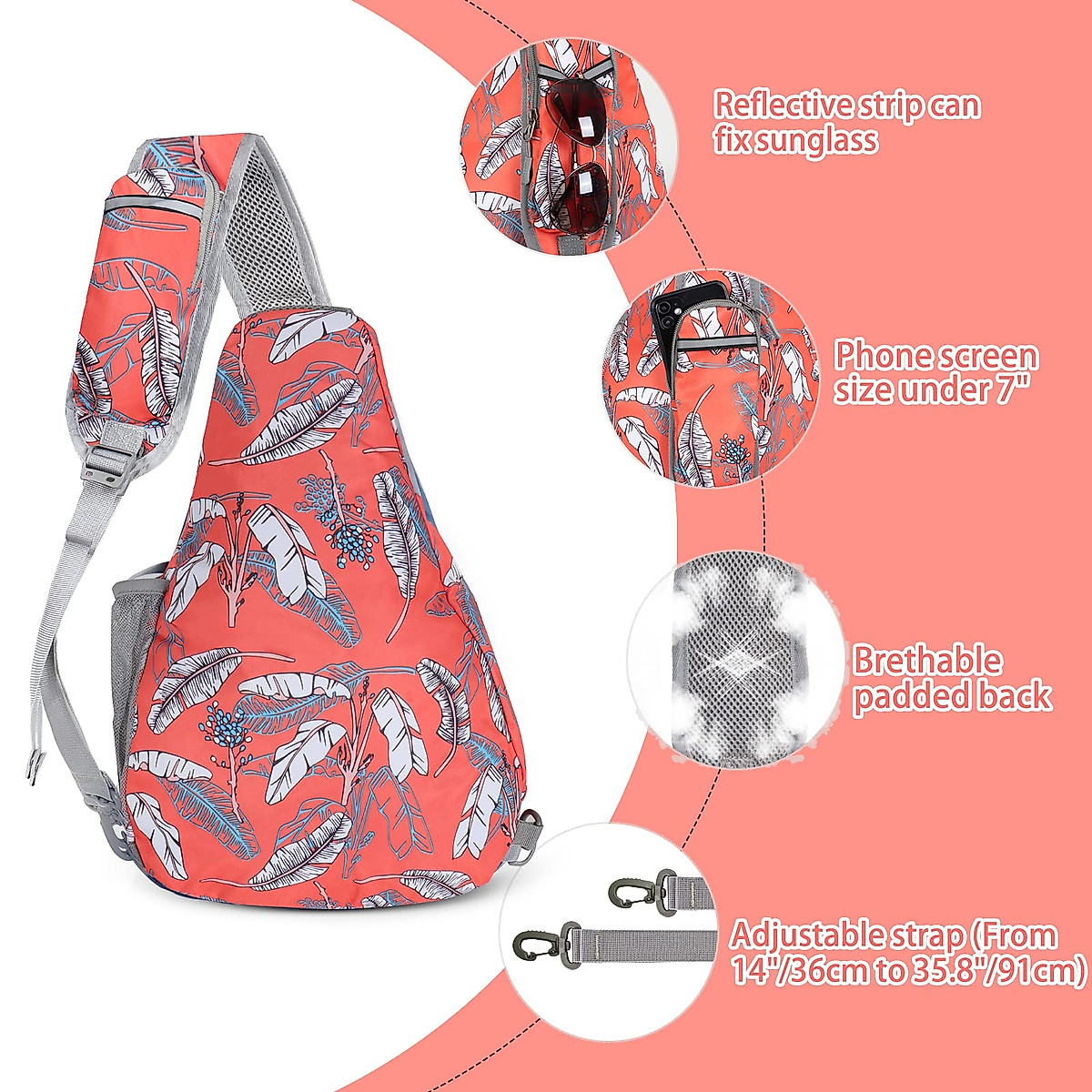 ZOMAKE Sling Bag for Women Men:Small Crossbody Sling Backpack - Mini Water Resistant Shoulder Bag Anti Thief Chest Bag Daypack for Travel Hiking Sports (Orange White Leaf)