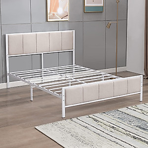 Mixoy Cal King Metal Bed Frame, Linen Platform Bed Frame with Upholstered Headboard, Heavy Duty Metal Mattress Foundation, Strong Metal Slat Support, No Box Spring Needed (Cal King/Beige)