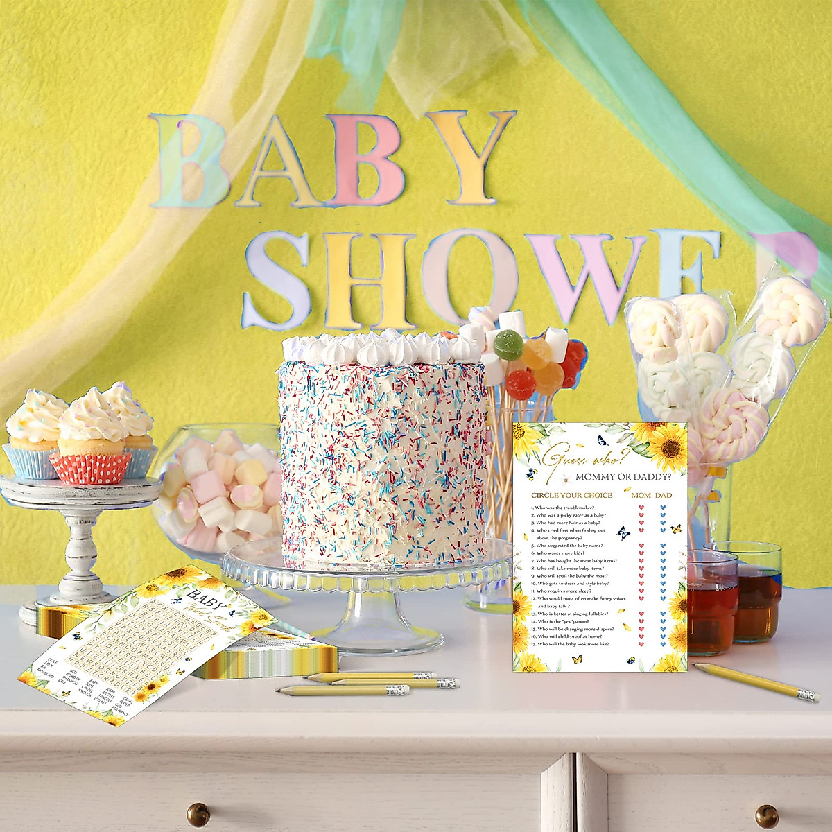 145 Pieces Sunflower Baby Girl Shower Game Set 5 Games 25 Sheets of Each with 20 Pencils Floral Baby Shower Games & Activities for Girl Includes Baby Descriptions and Wishes, Guess Who, Bingo Game
