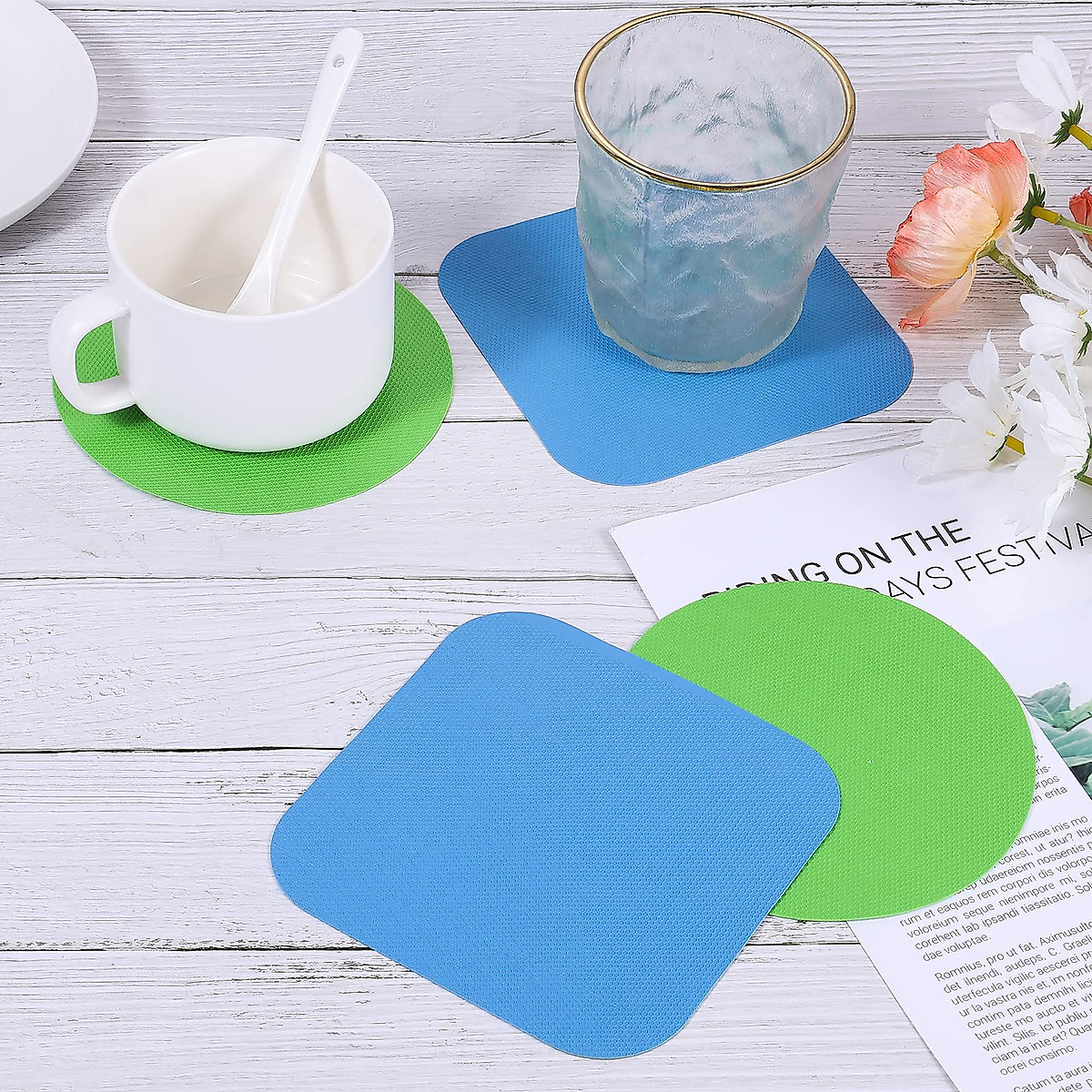 Rubber Jar Opener Gripper Pads, 4pcs Bottle Opening Pad Multi-Function Anti Skid Jar Opener, Jar Lid Remover Kitchen Silicone Coasters Heat Insulation Pad for Seniors & Weak Hands (Light Blue, Green)
