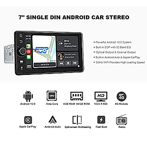 Joying Android 10.0 Head Unit Octa Core 4GB+64GB 7 Inch Single Din Auto Car Stereo Universal Radio with Physical Button Support 4G SIM/FM Radio/Bluetooth 5.1/Back-Up Camera/Fast Boot/DVR/OBD2/SWC