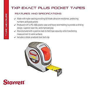 Starrett Exact Plus Retractable Imperial Pocket Tape Measure with Nylon Coating and Black Anodized Steel Belt Clip - 1.06" Width x 16' Length - KTXP106-16-N