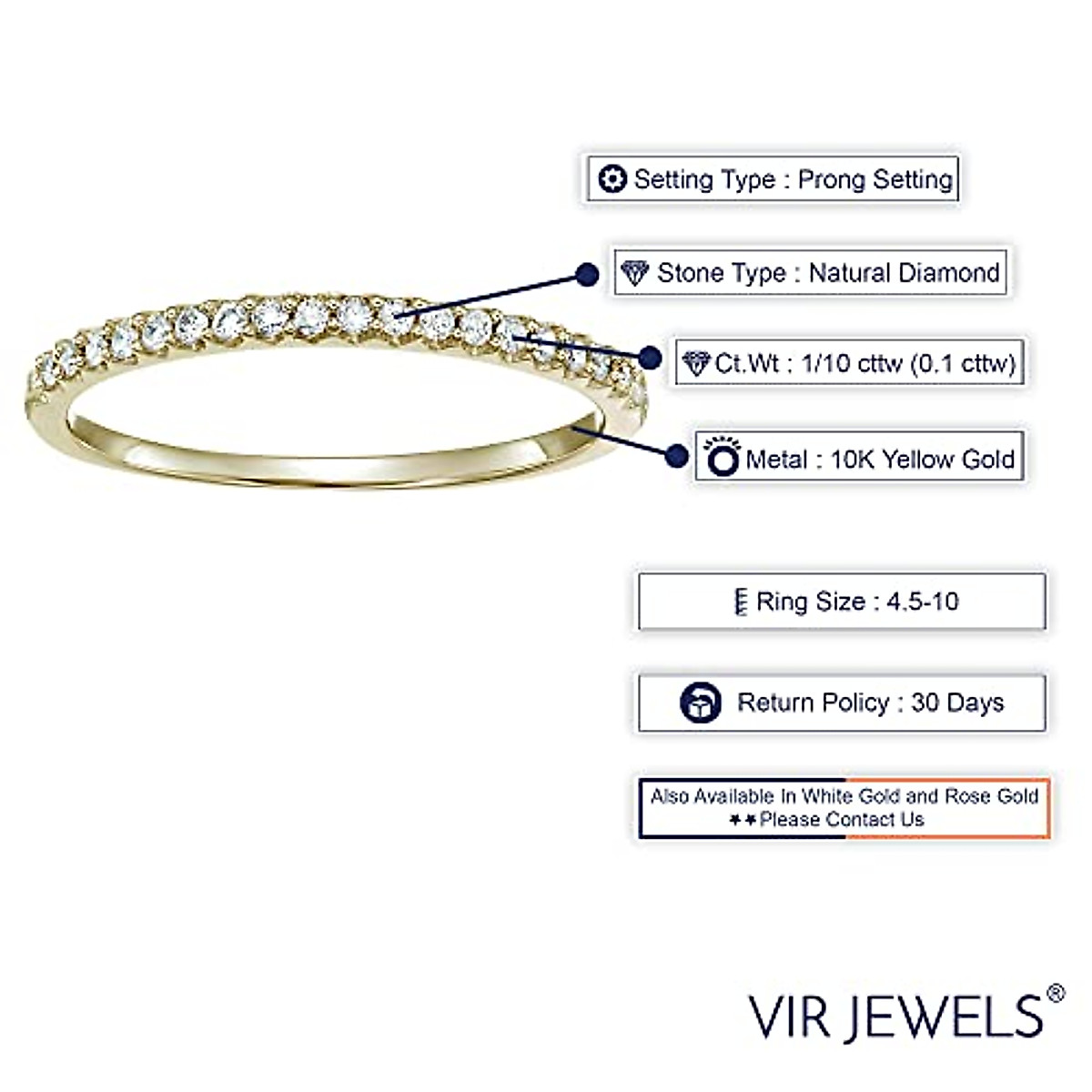 Vir Jewels 1/10 cttw Mircopave Petite Round Diamond Wedding Band for Women in 10K Yellow Gold Prong Set, Size 6.5