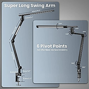 Arteasy LED Desk Lamp, Desk Light for Home Office, Dual Light Source 18W Brightest, Eye-Caring Optical Lens, Office Lamp, 5 Color Modes & Brightness, Aluminum Alloy Clip on Lamp, Clamp Lamp, Black
