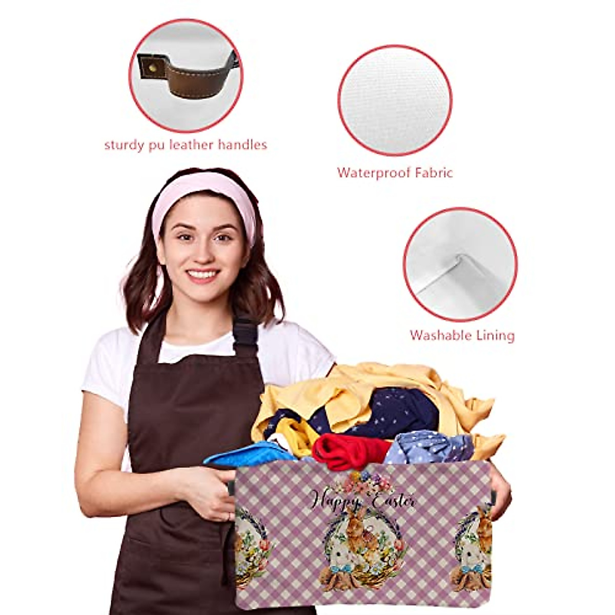 Happy Easter Storage Bins 2 Pack, Large Waterproof Storage Baskets for Shelves Closet, Purple Plaid Bunny Spring Floral Wreath Storage Basket Foldable Storage Box Cube Storage Organizer with Handles