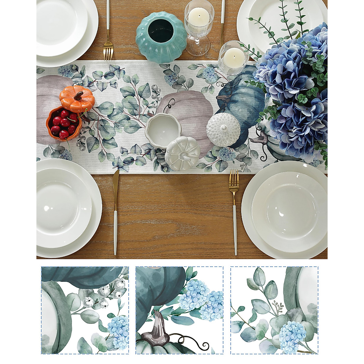 Thanksgiving Decorations Fall Table Runner 72 Inches Long with Autumn Pumpkins Eucalyptus Leaves. Fall Decorations for Home Dining Room Kitchen Table Seasonal Holiday Harvest Party Decor