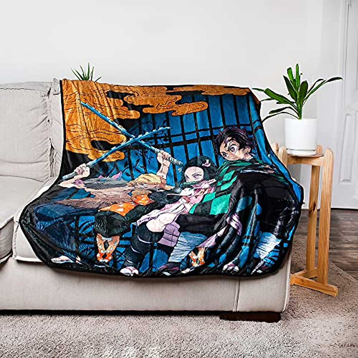 Surreal Entertainment Demon Slayer Oversized Plush Throw Blanket | Cozy Sherpa Cover For Sofa, Bed | Super Soft Fleece Blanket | Official Anime Manga Collectible | 45 x 60 Inches, Blue, One Size