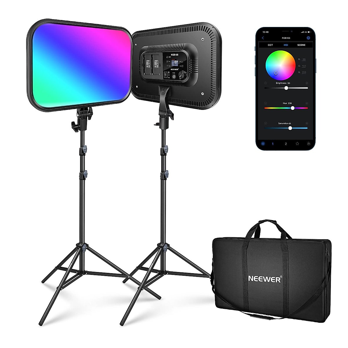 NEEWER 18.3" RGB LED Video Light Panel with App Control Stand Kit 2 Packs, 360° Full Color, 60W Dimmable 2500K~8500K RGB168 LED Panel CRI 97+ with 17 Scene Effect for Game/YouTube/Zoom/Photography